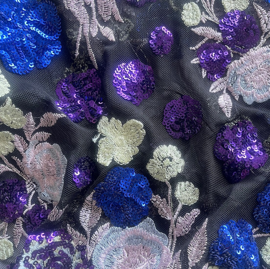 Sparkling Violet & Colbalt Embroidered/Sequined on Black Mesh (Made in ...