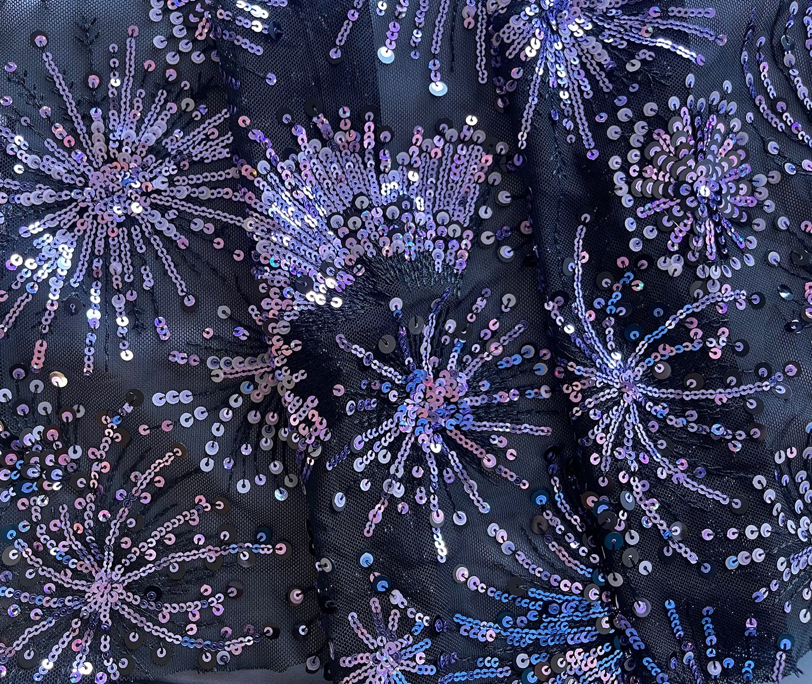 Iridescent Sequined Lilac Fireworks on Black Mesh (Made in Korea ...