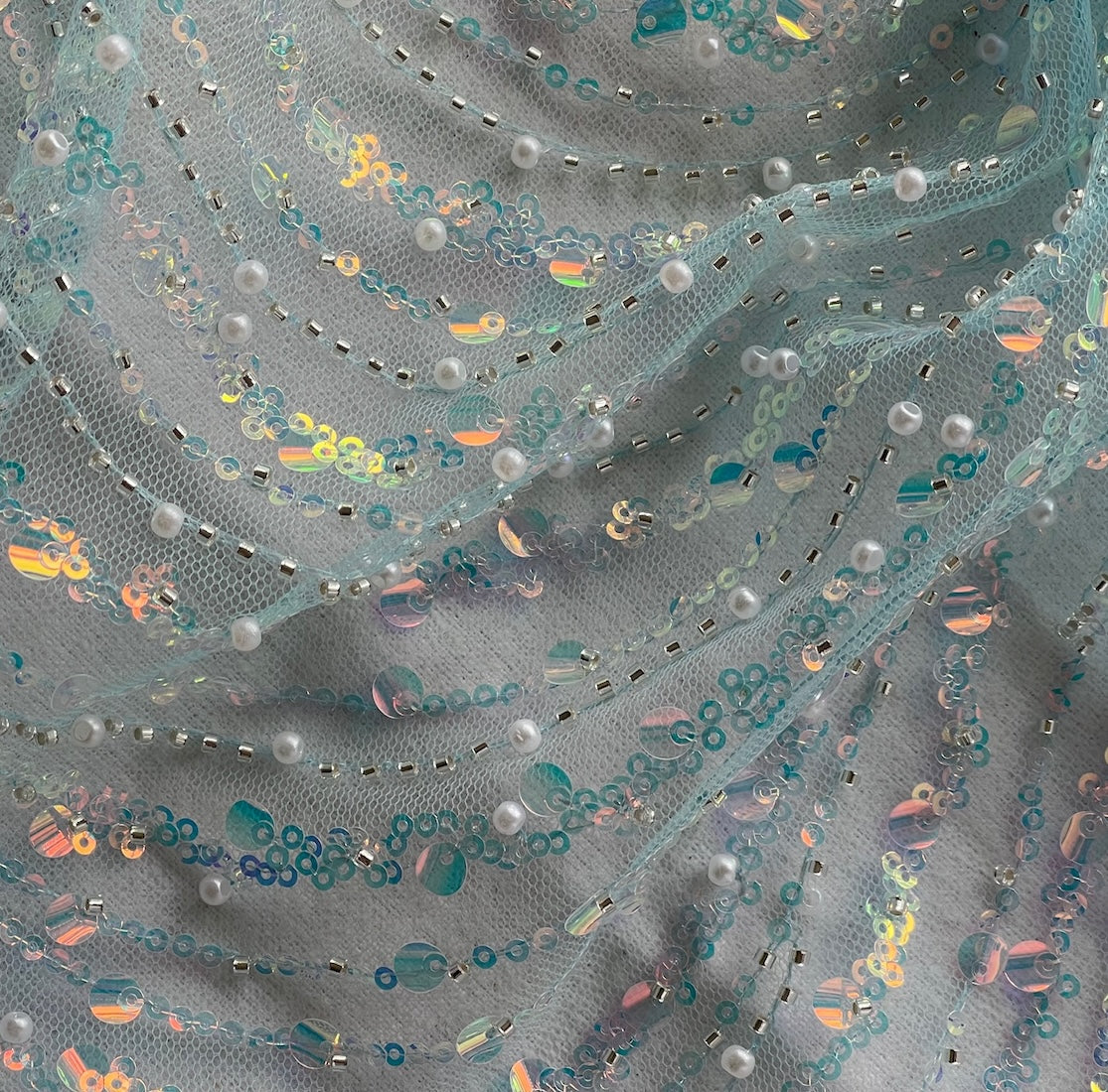 Magical Fairy Dust Aqua Swags Sequins & Pearls on Mesh (Made in Korea ...