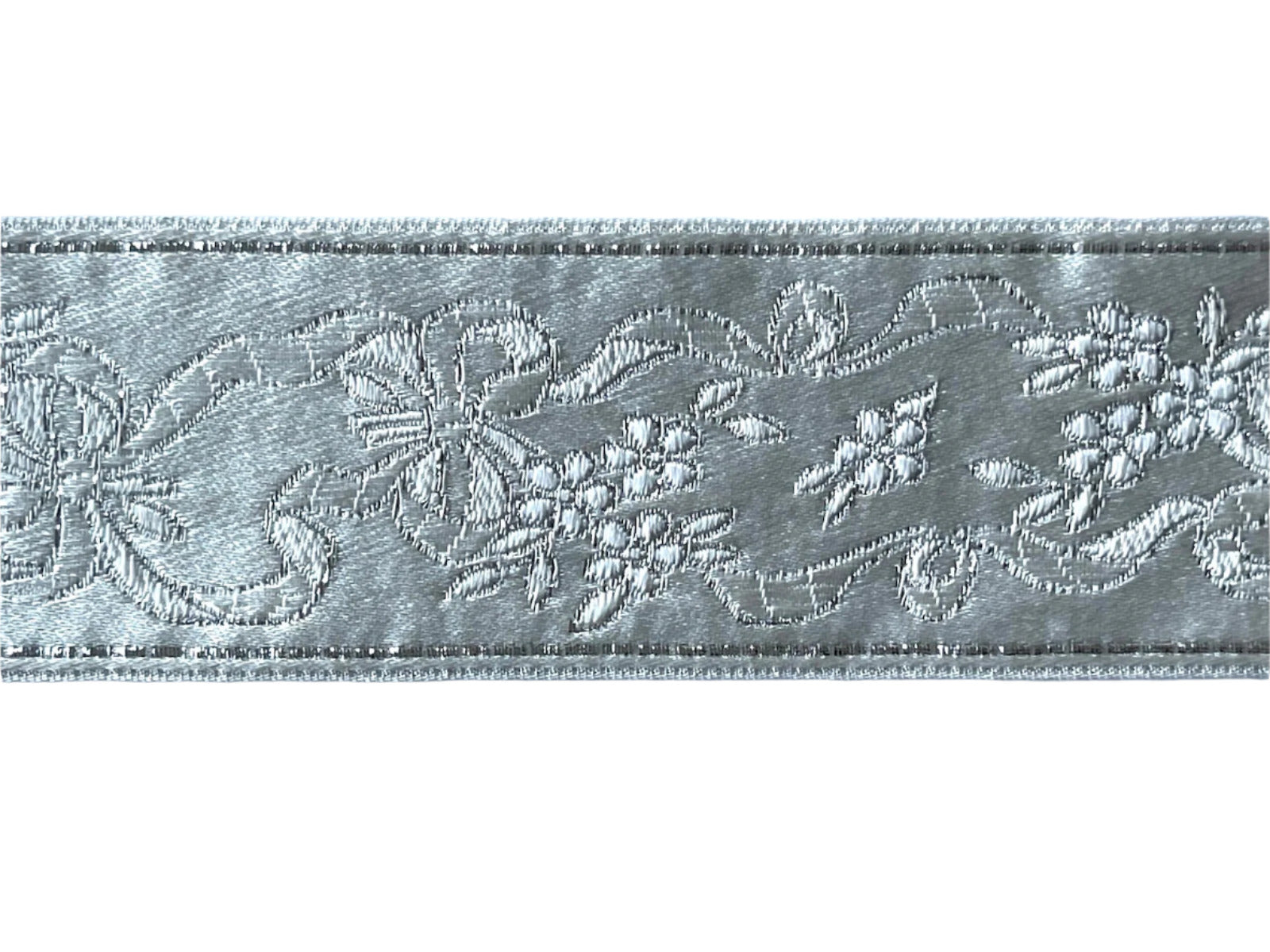 2" Scrolling Ribbons & Blooms White/Metallic Silver Brocade Ribbon (Ma ...