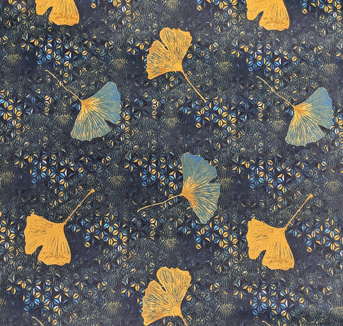 Golden Gingko Leaves on Midnight Navy Laminated Cotton (Made in France ...