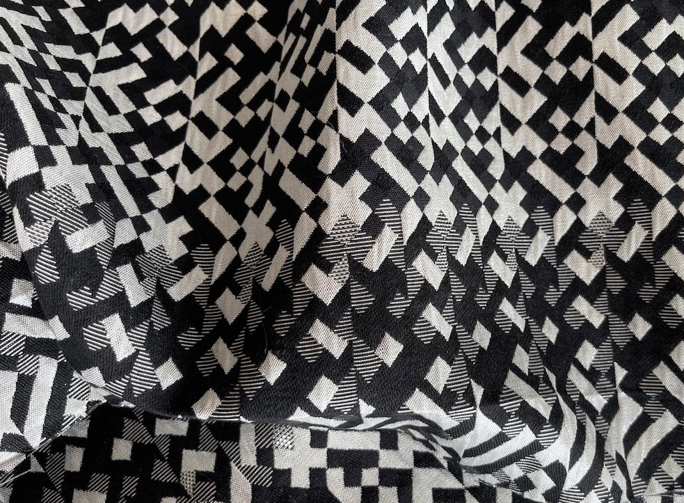 Novelty Fabric, Dramatic Escher-esque Black & Metallic Pale Platinum ...