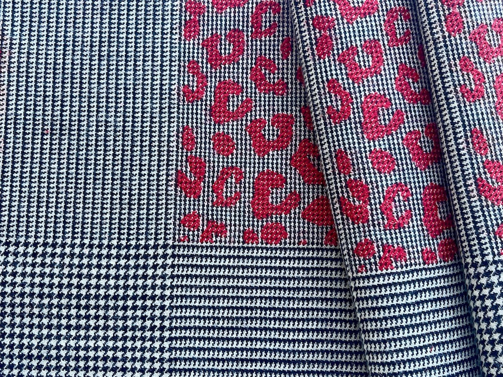 Wool Challis, Obsidian & Cloud Hounds-Tooth with Carmine Leopard Spots ...
