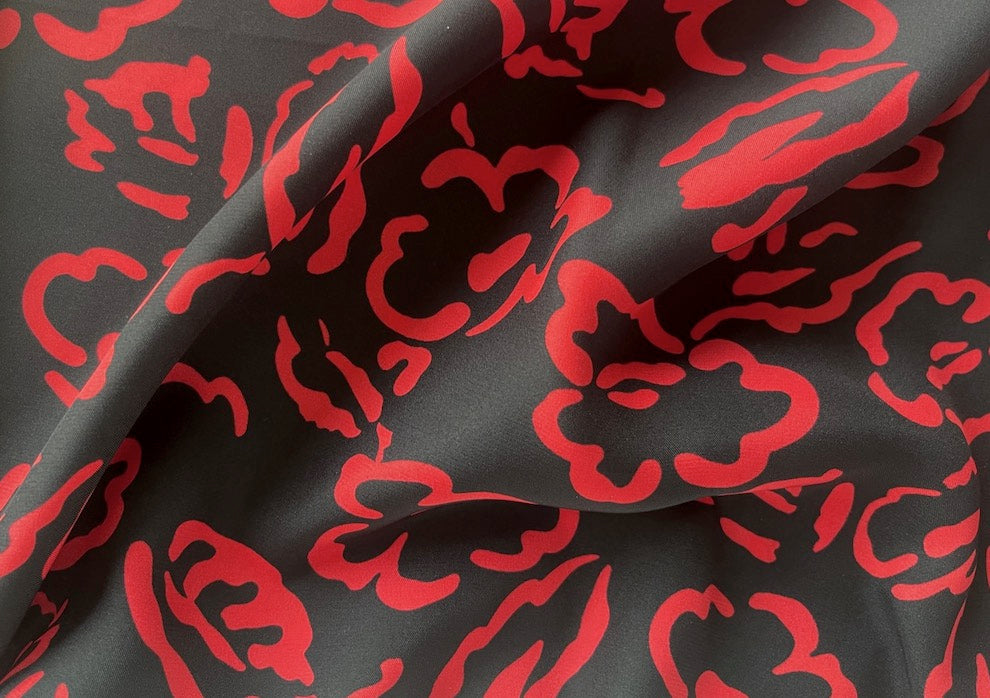 Silk Fabric, Ungaro Selvedged Elegant Falling Ruby Flowers Onyx Matte ...