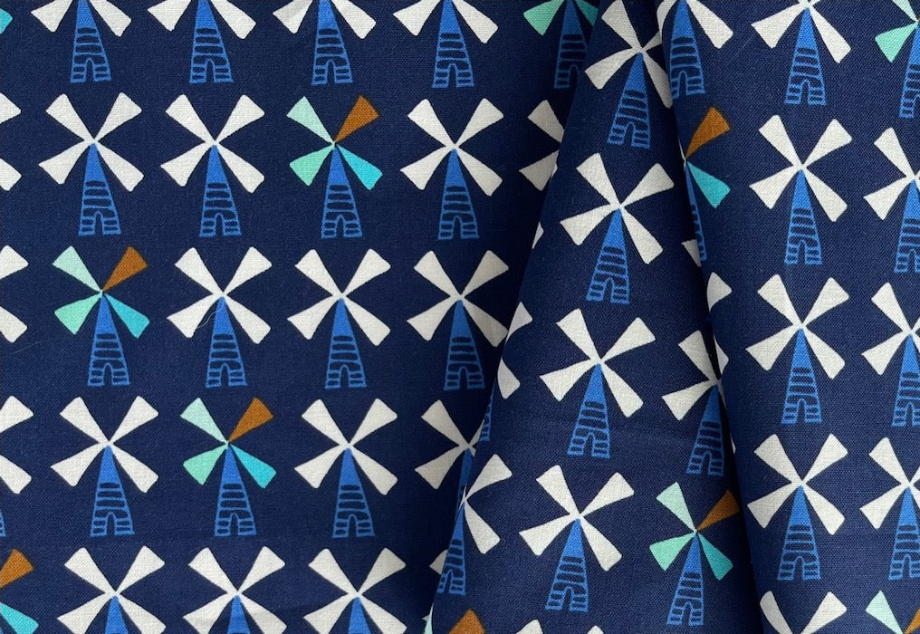 Cotton Fabric, Old-Fashioned Windmills with Sea Foam, White & Curry ...