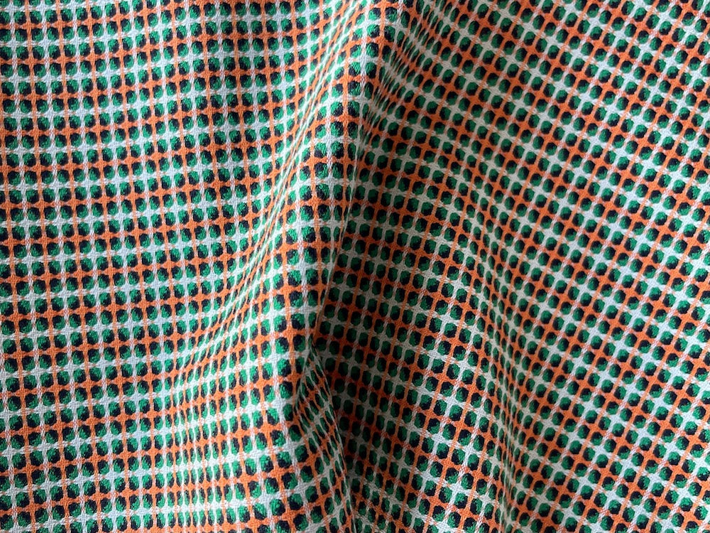 Silk Fabric, Bonotto Tangering & Grass Green Geometric Grid Stretch ...