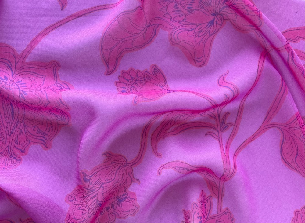 Rayon Fabric, Semi-Sheer Elegant Hot Pink Arabesque Floral Rayon ...