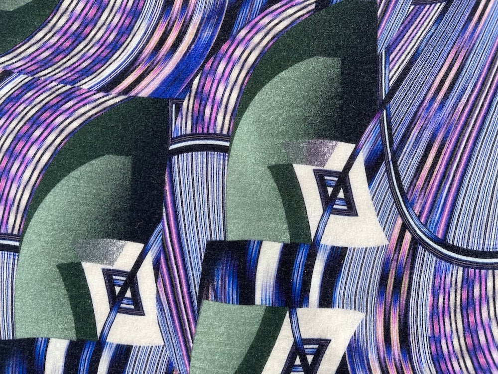 Knit Fabric, Abstract Expressionist Violet & Pine Stretch Wool Blend ...