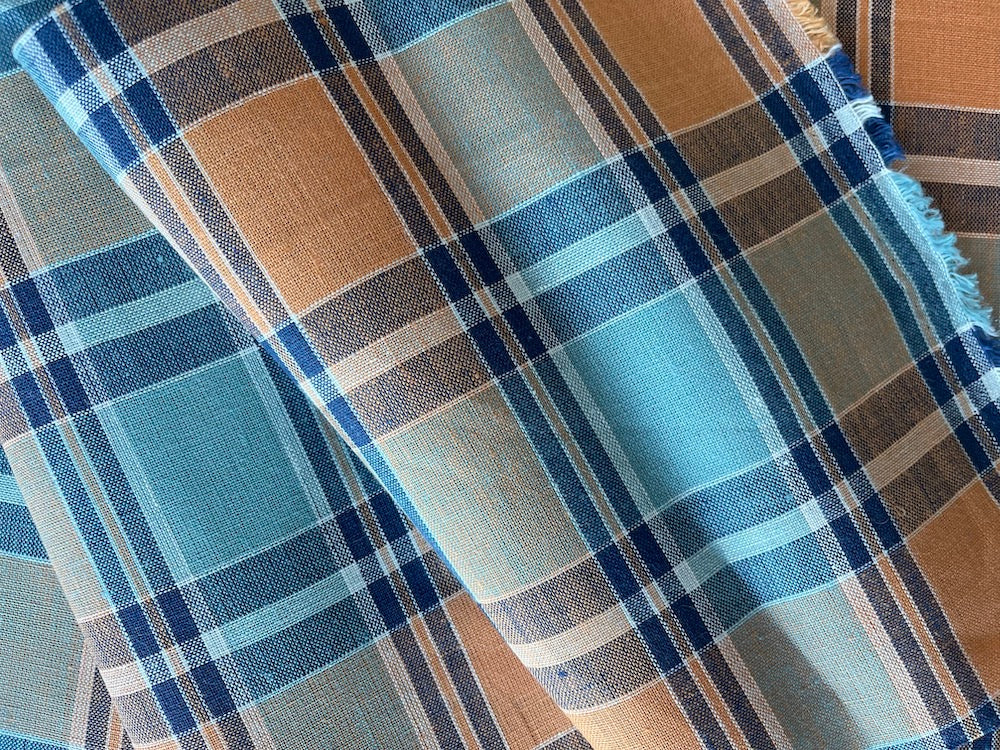Cotton Fabric, Summery Aqua & Mango Plaid Linen (Made in Ireland ...