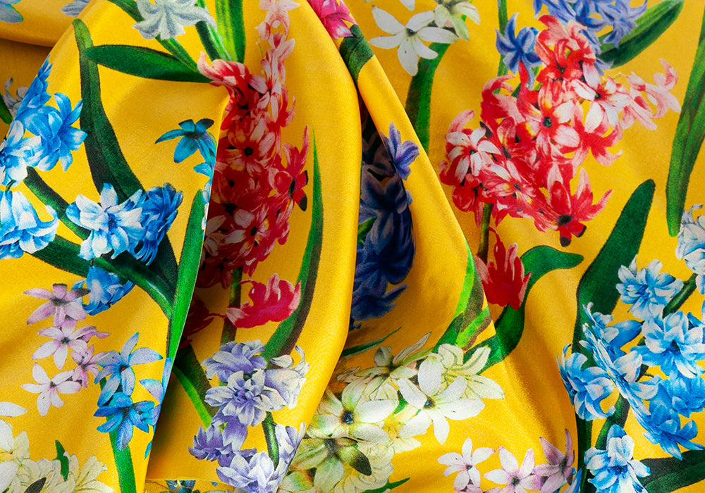 Silk Fabric, Fragrant Hyacinths on Gold Silk Twill (Made in Italy ...