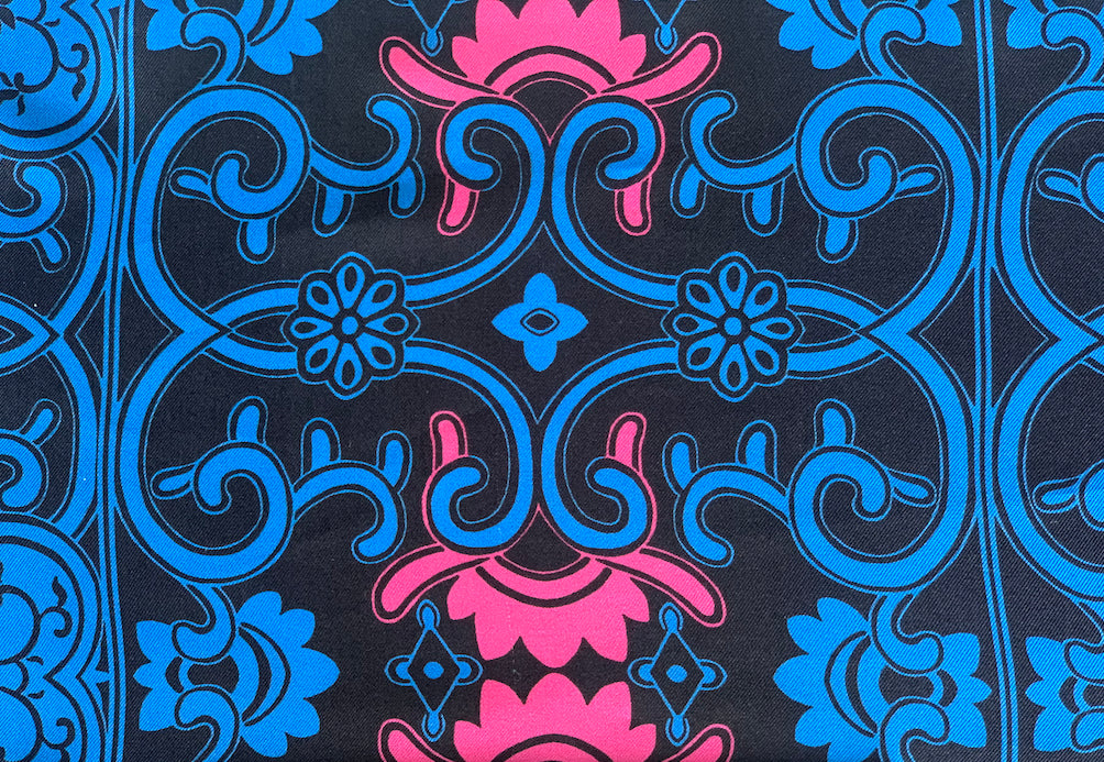 Silk Fabric, Border Print - Peony & Cobalt Arabesque Silk Twill (Made ...