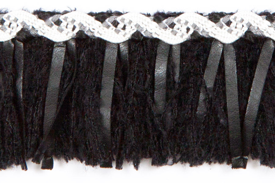 1 1/2" Black Chenille & Pleather Fringed Trim with Winter White Accent ...