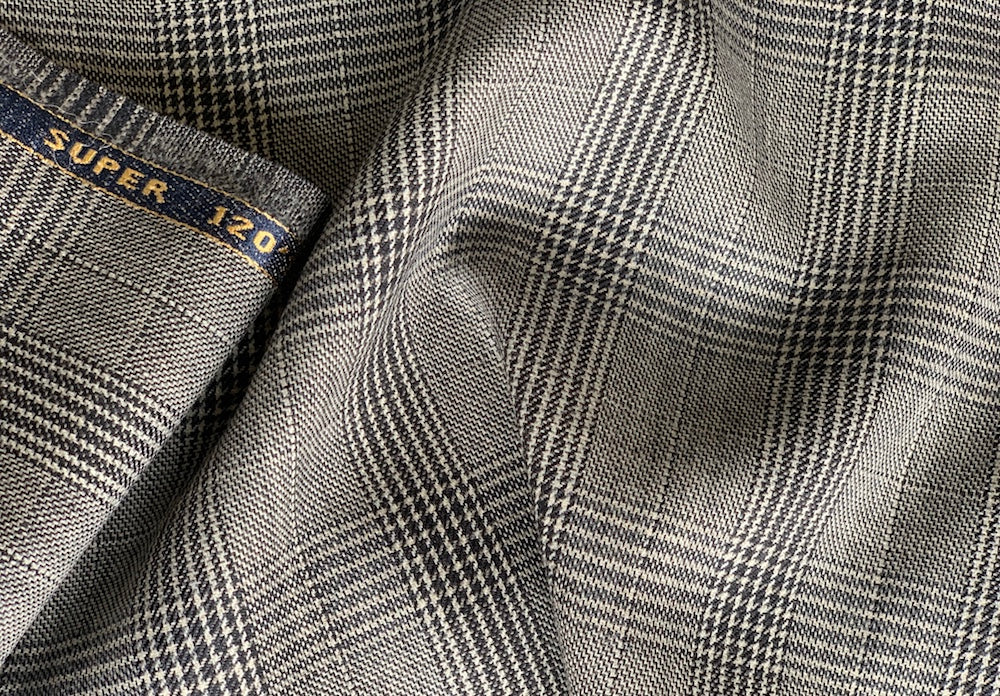 Wool Fabric, Super 120s Black & Off-White Glen Plaid Wool Suiting (Made ...